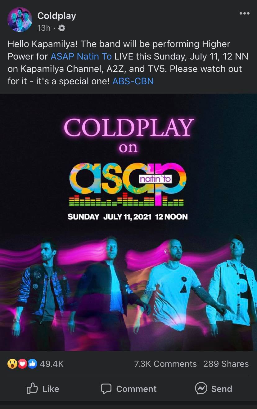 Coldplay to perform on 'ASAP Natin ‘To' on July 11